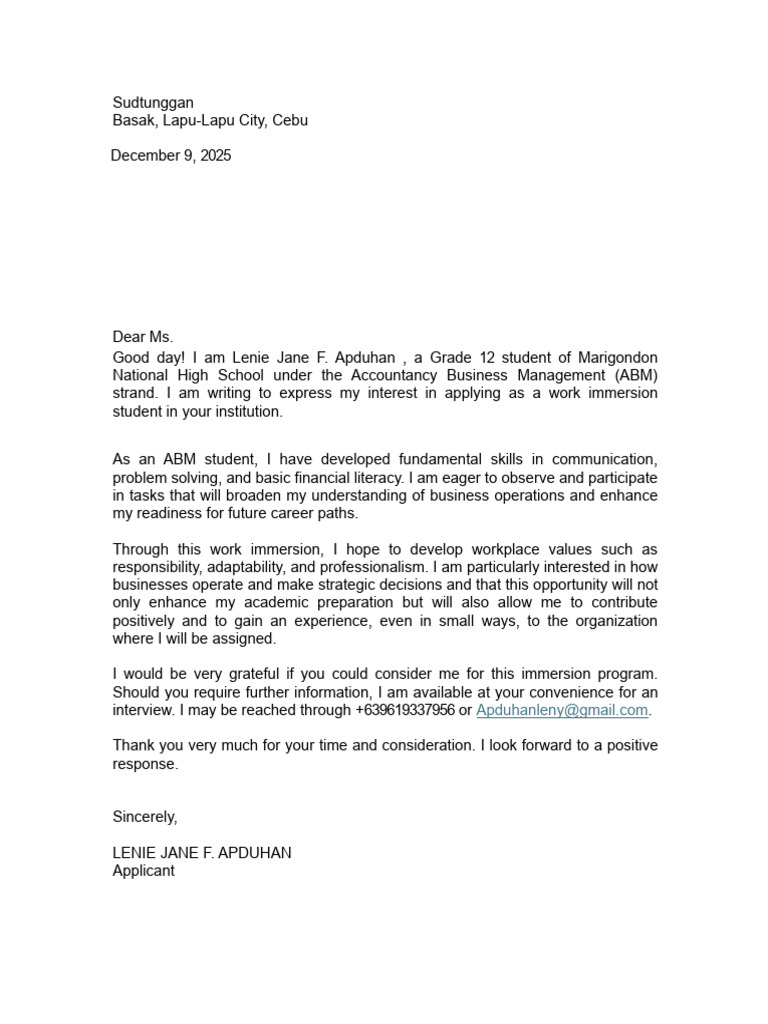 Work Immersion Application Letter | PDF