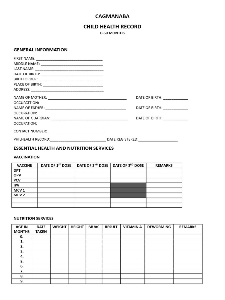 Child Health Record for Ages 0-59 Months | PDF