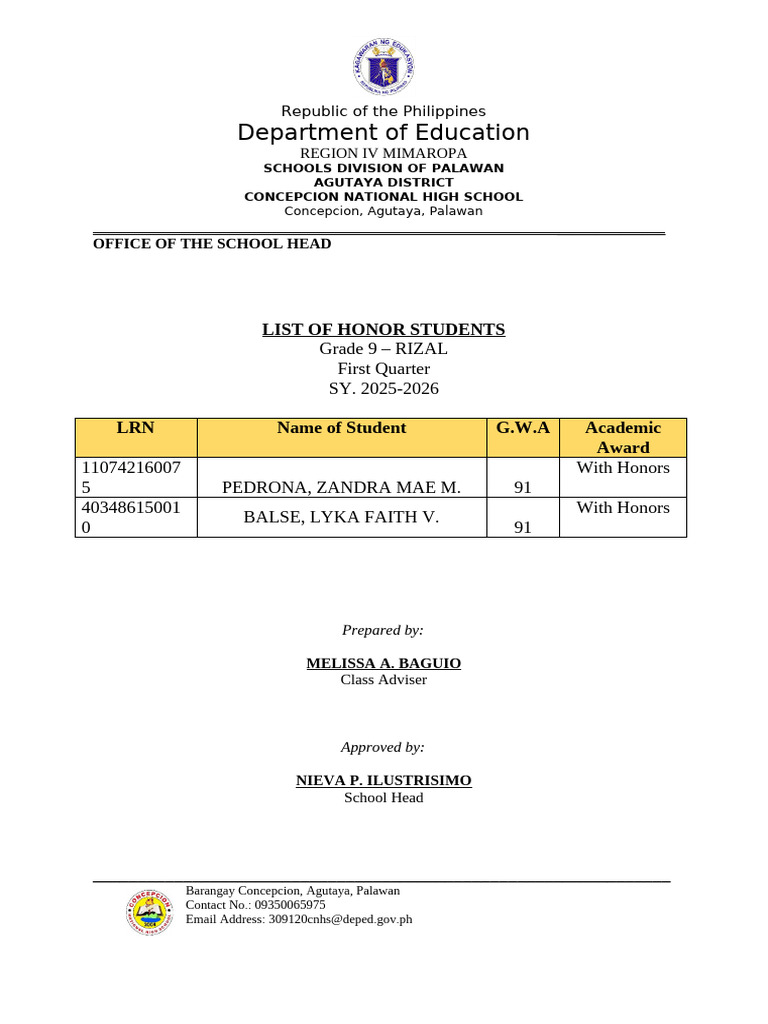 Grade 9 Honor Students List 2025-2026 | PDF