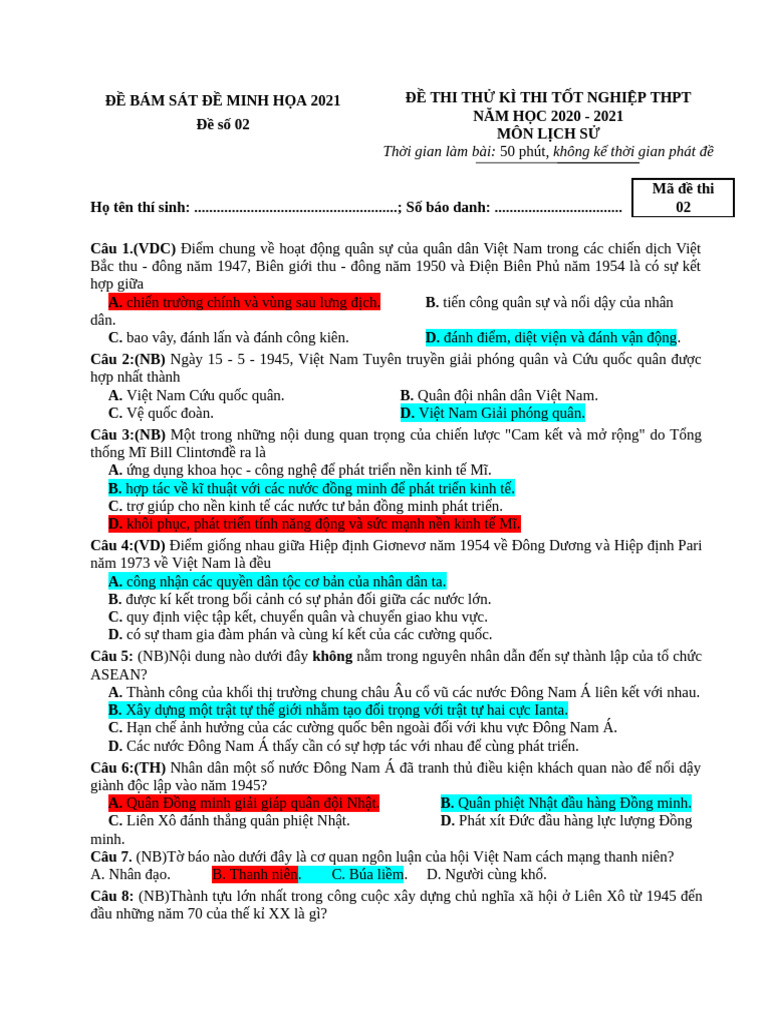 Đề 2. Đề Thi Thử TN THPT Môn Lịch Sử Theo Cấu Trúc Đề Minh Họa 2021 Cô Nga2 Có Lời Giải | PDF