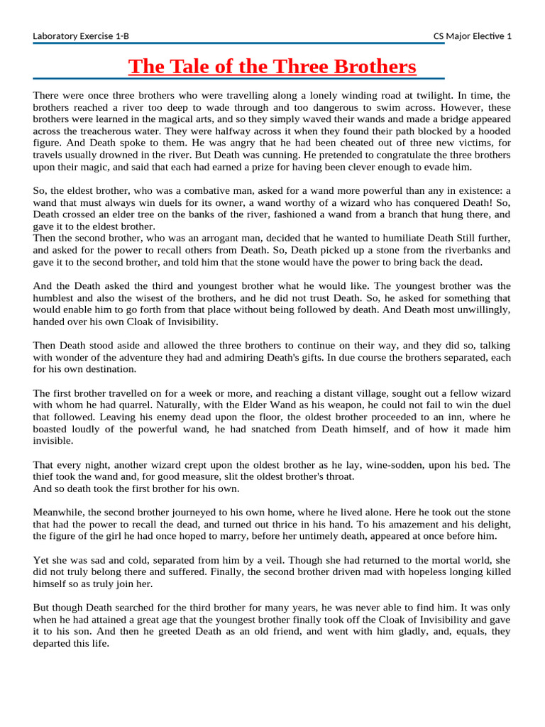 The Tale of the Three Brothers Explained | PDF | Fairy Tales | Folklore