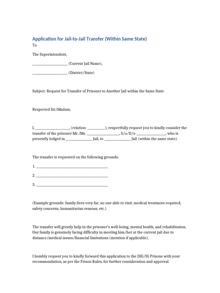 Jail Transfer Request Application Template | PDF