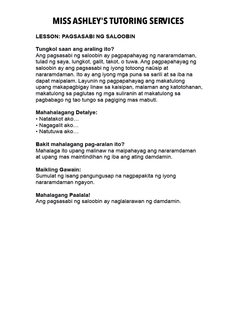 Filipino Lesson - Pagsasabi NG Saloobin | PDF