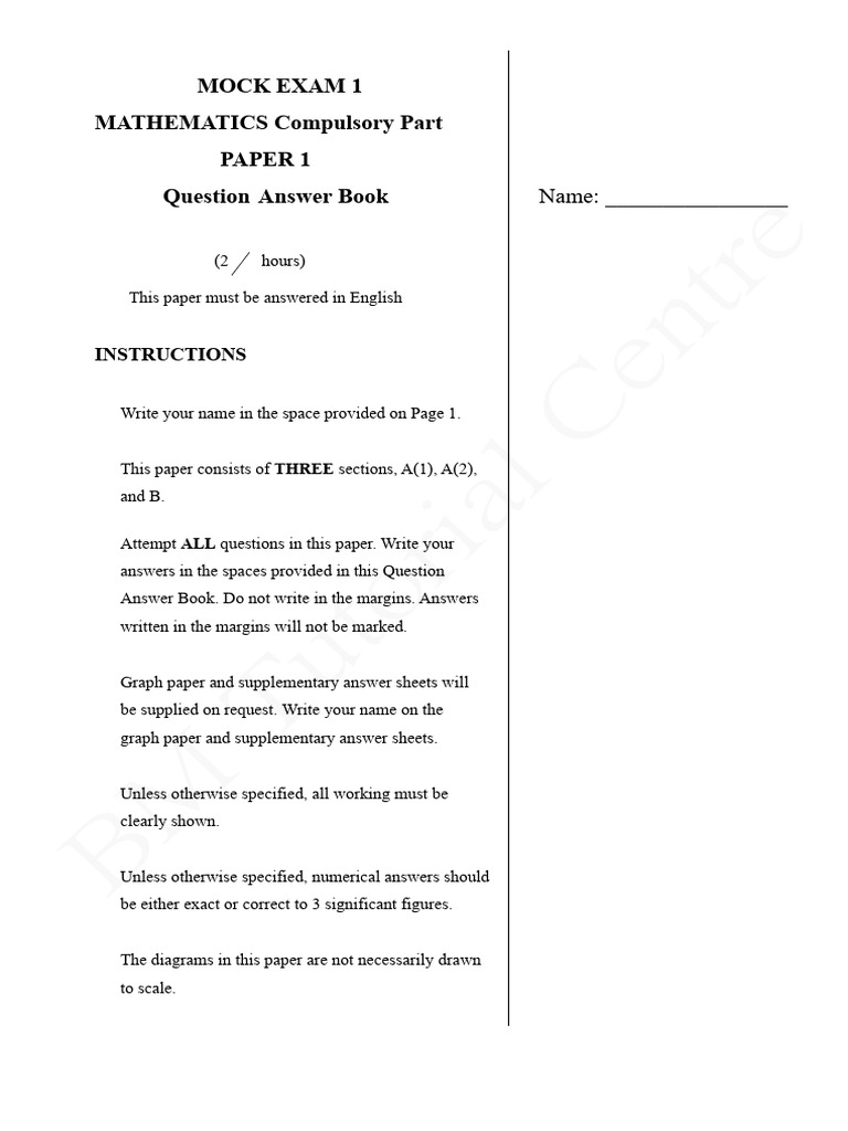 Brightmind Set1 Mock Paper1 | PDF | Mathematics