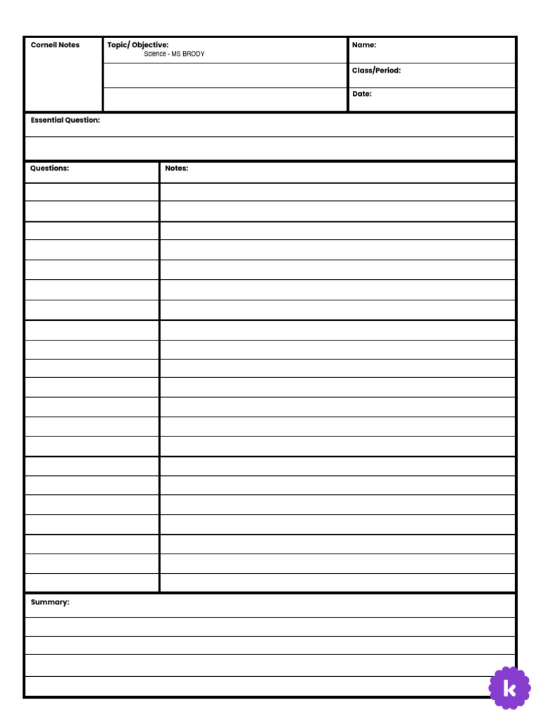 Cornell Notes Template for Science Class | PDF