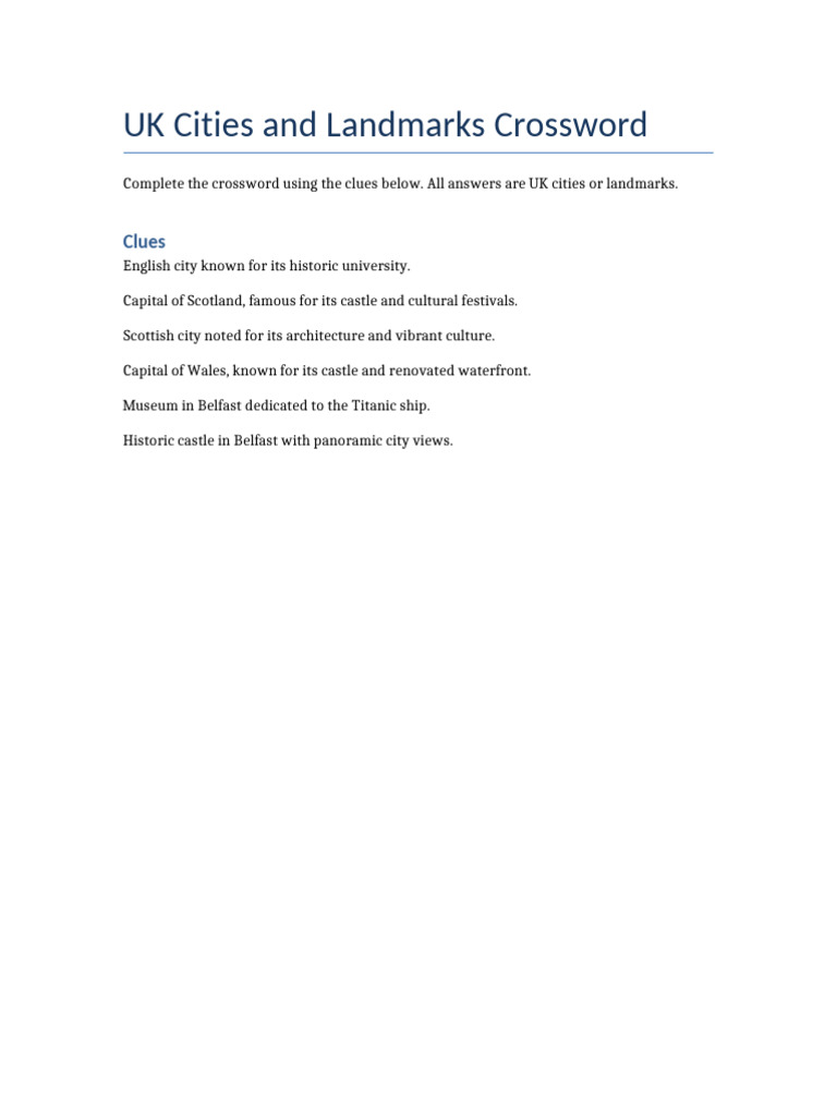 UK Cities and Landmarks Crossword Puzzle | PDF