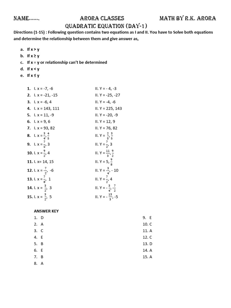 Quadratic Equation Problem Set | PDF | Mathematics | Equations