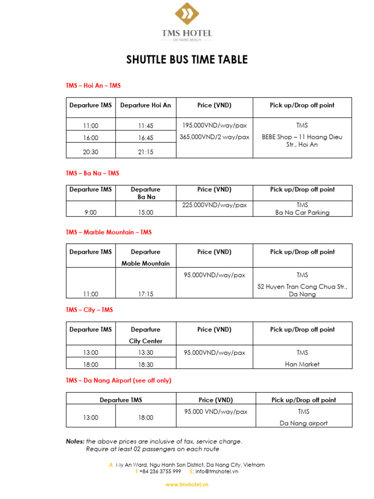 TMS Shuttle Bus Schedule Da Nang | PDF