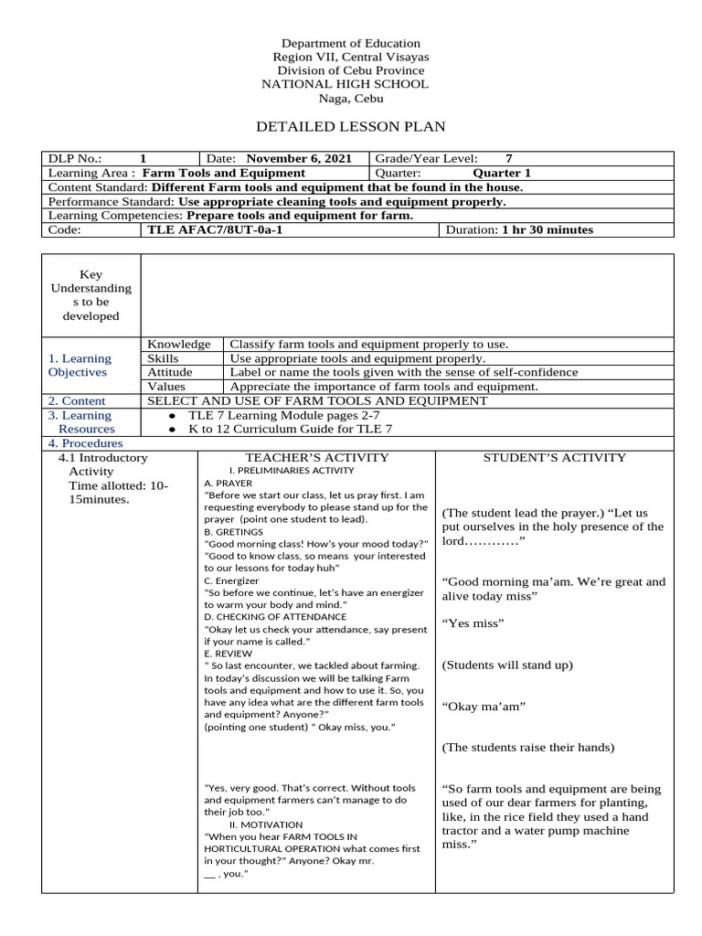 Grade 7 Lesson Plan: Farm Tools & Equipment | PDF | Agricultural ...