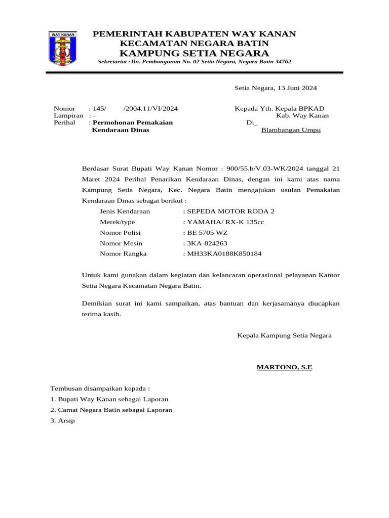 Surat Permohonan Kendaraan Dinas SETIA NEGARA | PDF