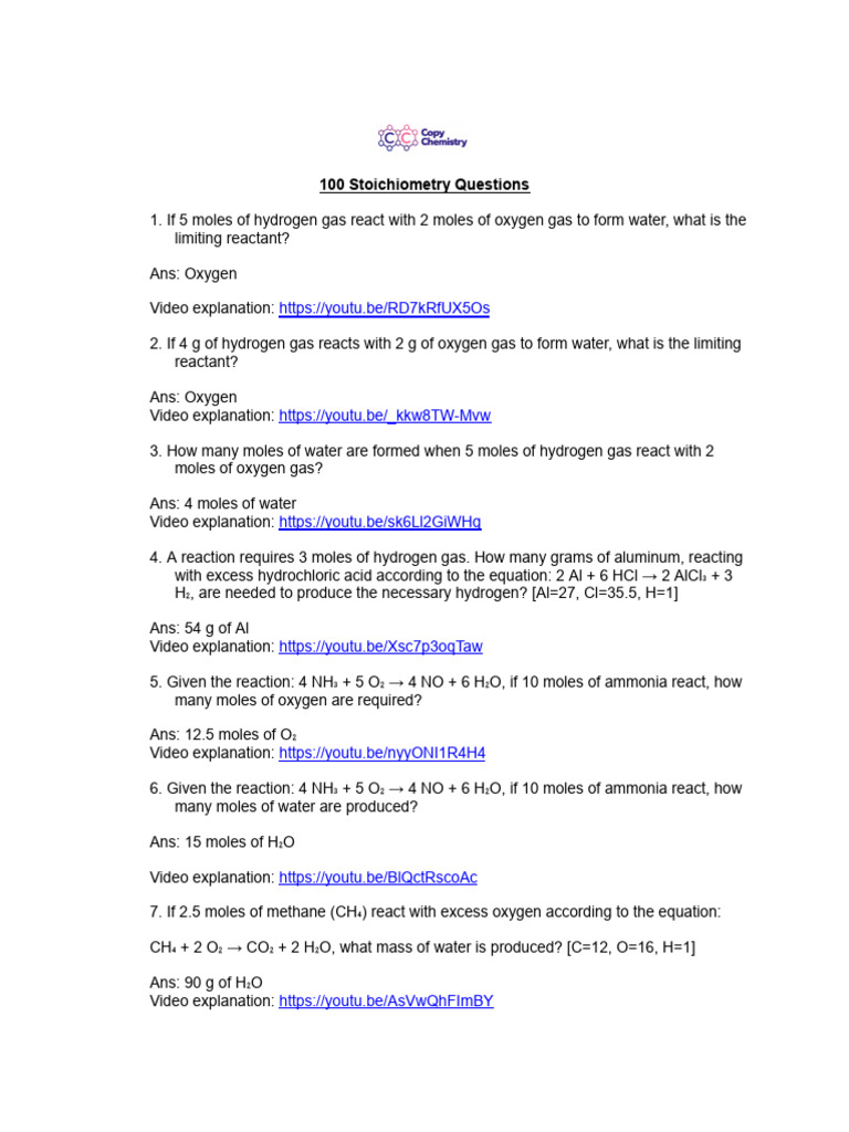100 Stoichiometry Practice Questions PDF | PDF | Stoichiometry | Mole ...