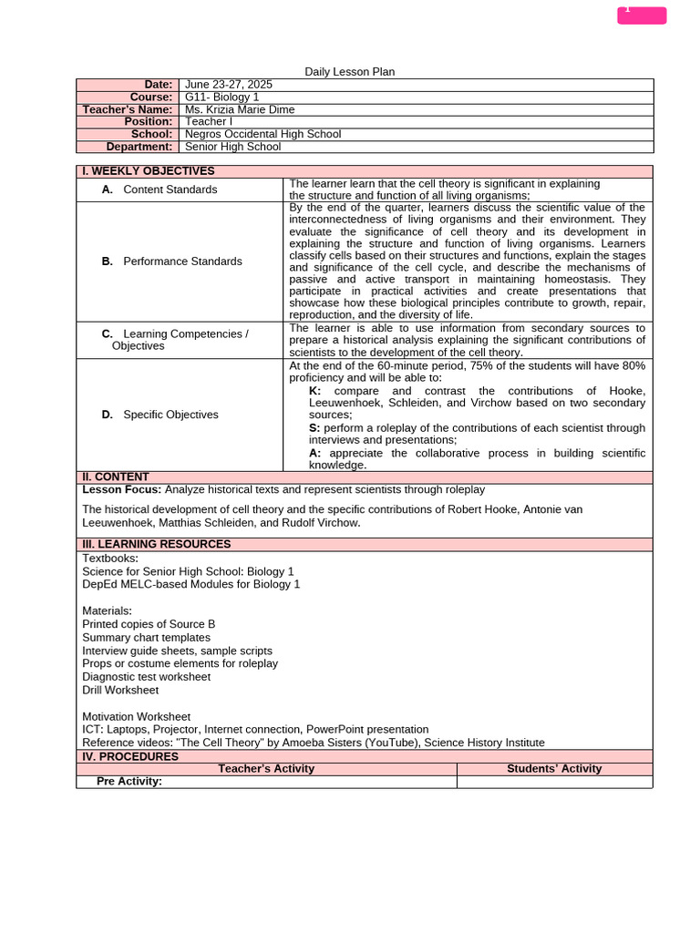Lesson Plan- Bio 1- Lesson 1.2 | PDF