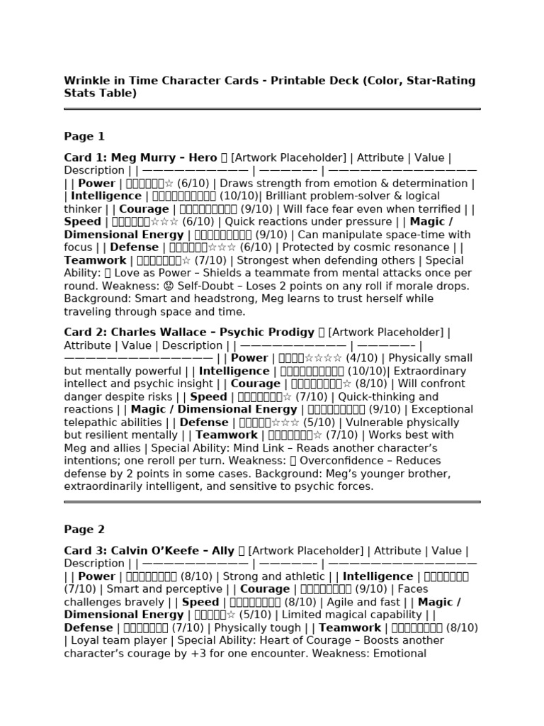 Printable Wrinkle in Time Character Cards | PDF | Intelligence