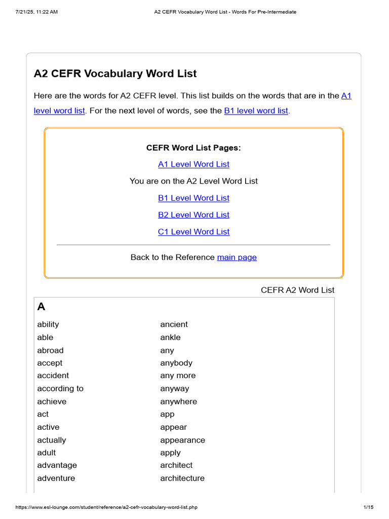 A2 CEFR Vocabulary Word List - Words For Pre-Intermediate | PDF