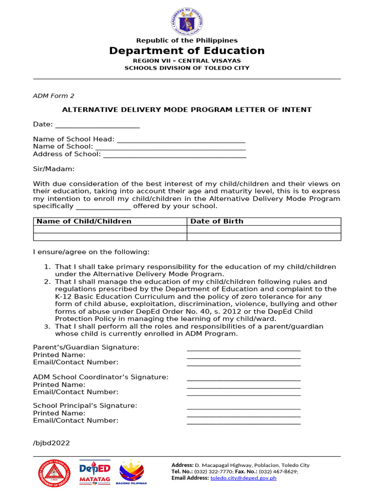 ADM Form 2 ADM Program Letter of Intent | PDF | Justice | Crime & Violence