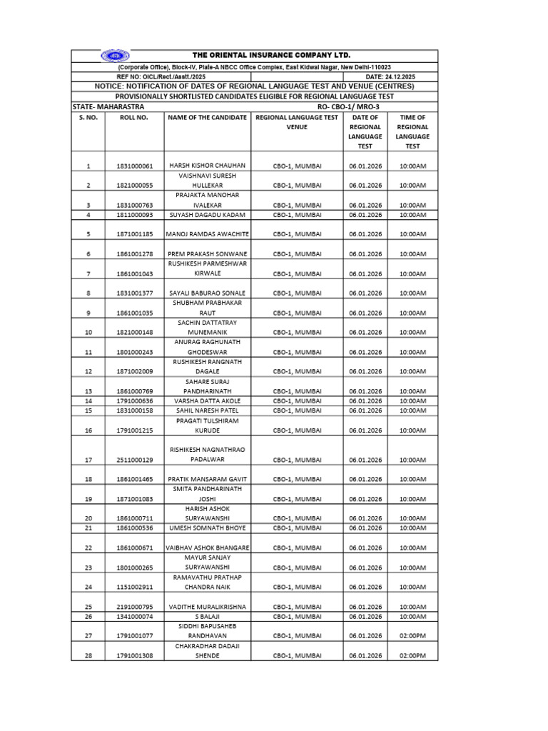 Oicl Assistant Rlt Date and Venue Details Final 5fc68f86d4 | PDF