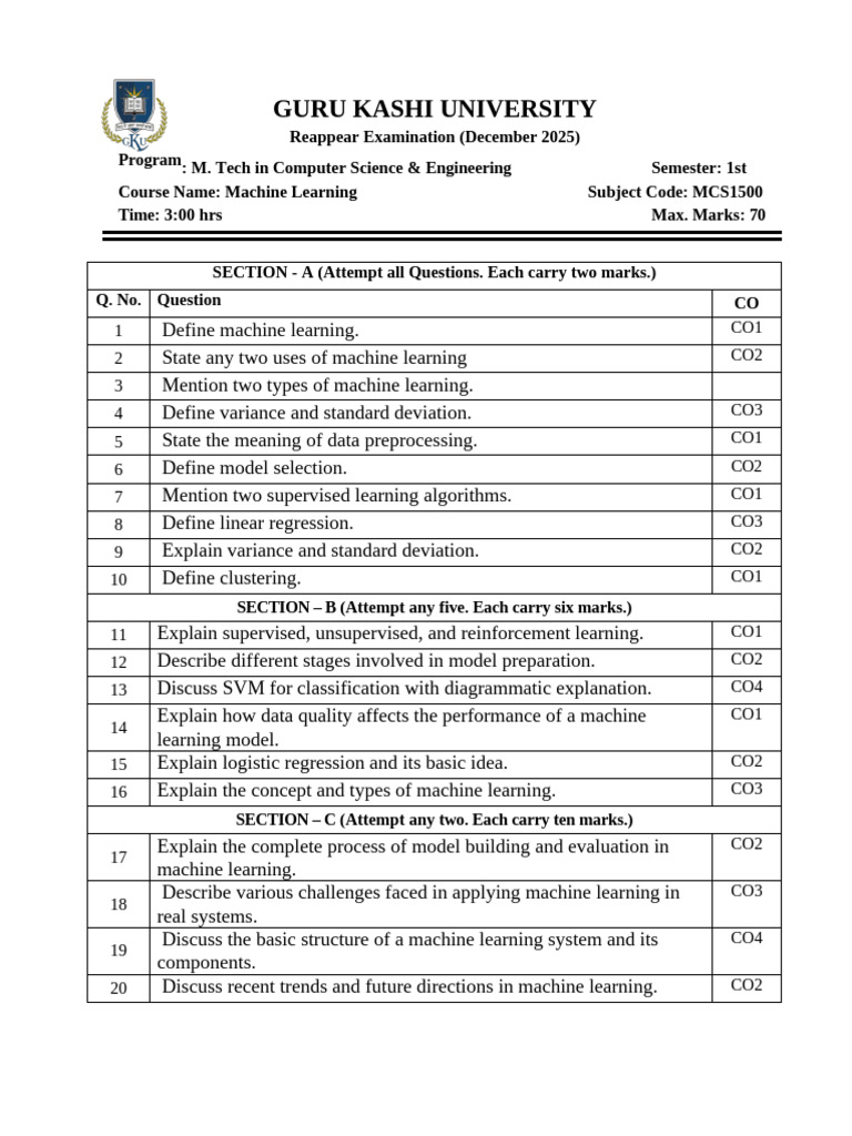 ML Question Paper Dec 2025 - Reappear | PDF