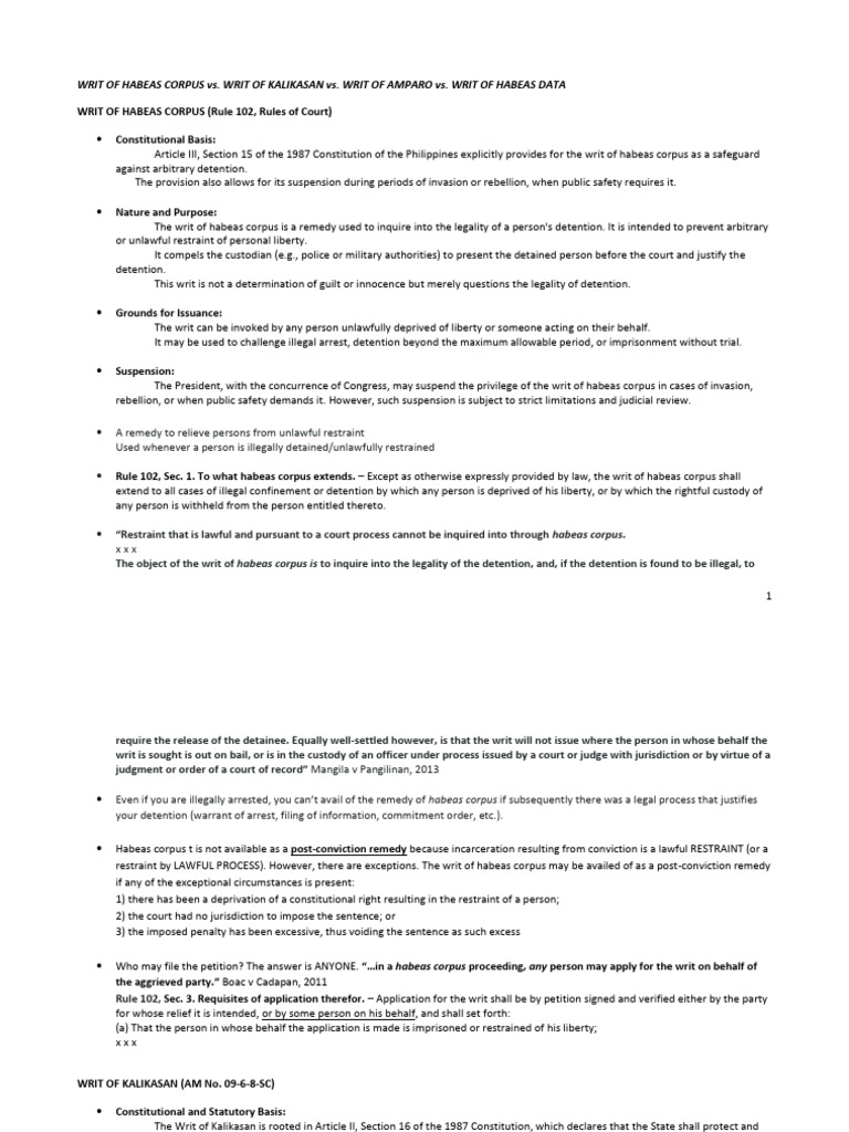 Writs of Habeas Corpus and Kalikasan Explained | PDF