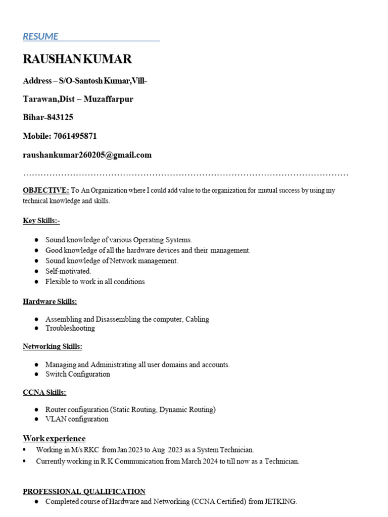 Raushan Kumar's Technical Resume | PDF