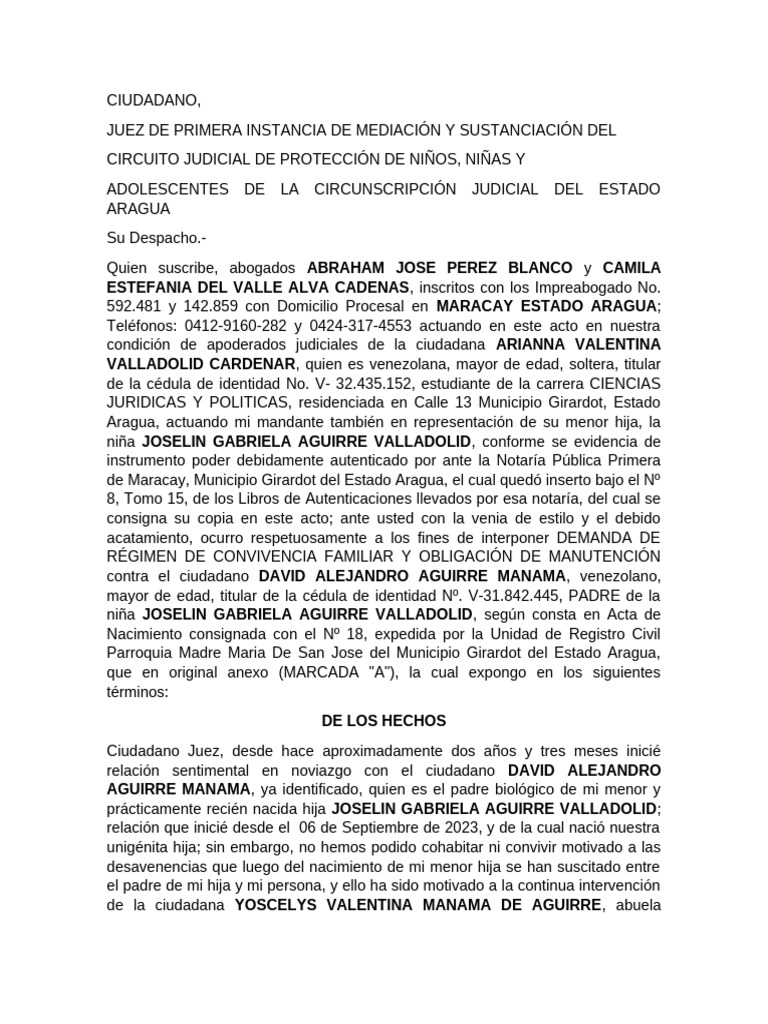Demanda Manutencion y Regimen de Convivencia | PDF | Pensión ...