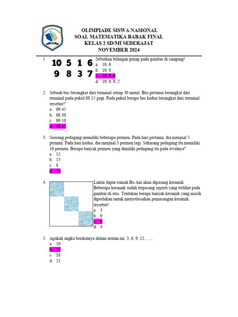 Soal Matematika Olimpiade SD 2024 | PDF