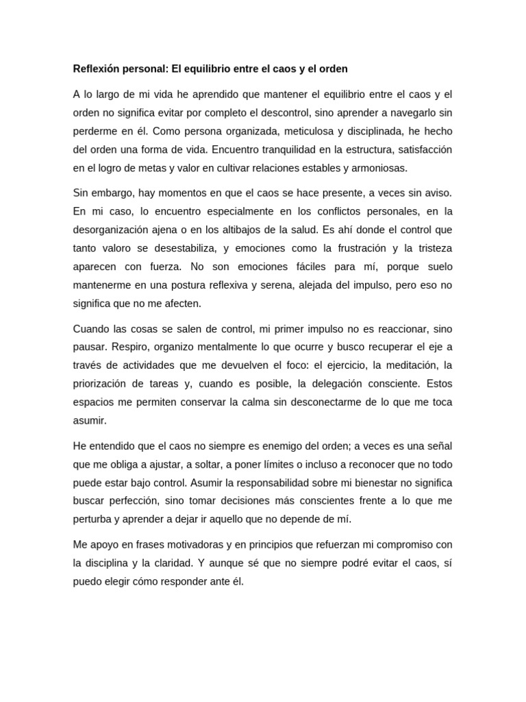 Reflexión Personal El Equilibrio Entre El Caos y El Orden | PDF