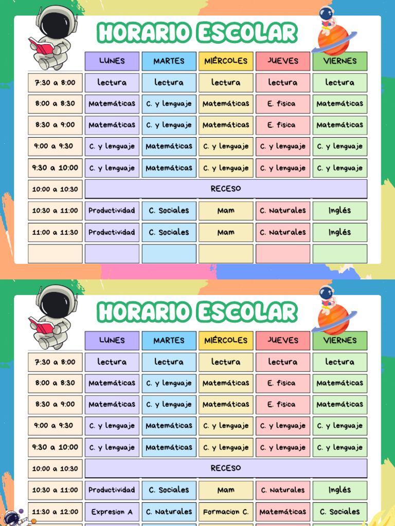 Horario Escolar Semanal Infantil Colorido | PDF