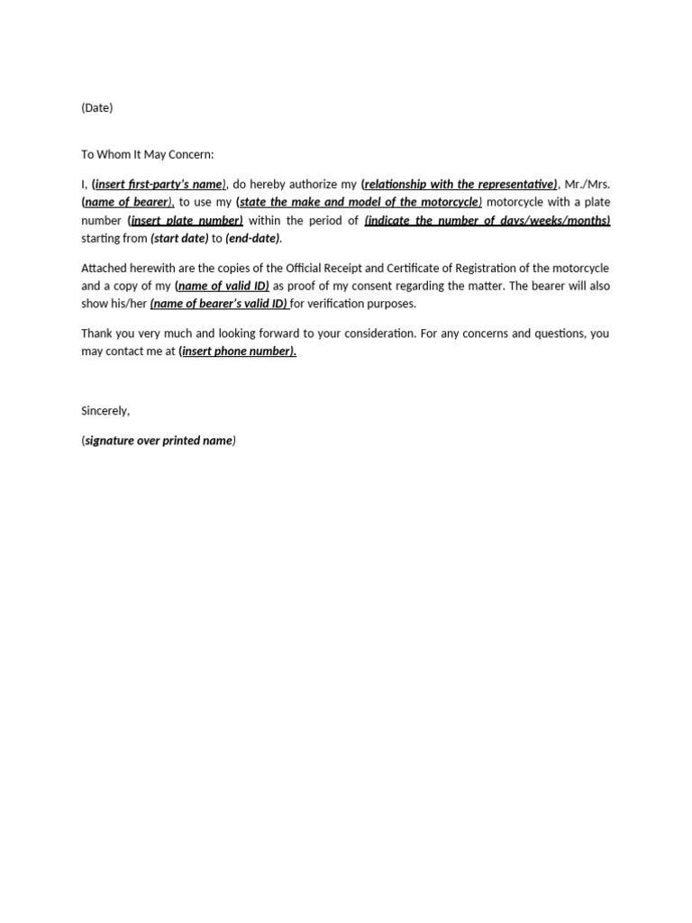 Motorcycle Authorization Letter Template | PDF