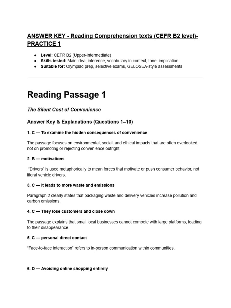 ANSWER KEY - Reading Comprehension Texts (CEFR B2 Level) - PRACTICE 1 ...