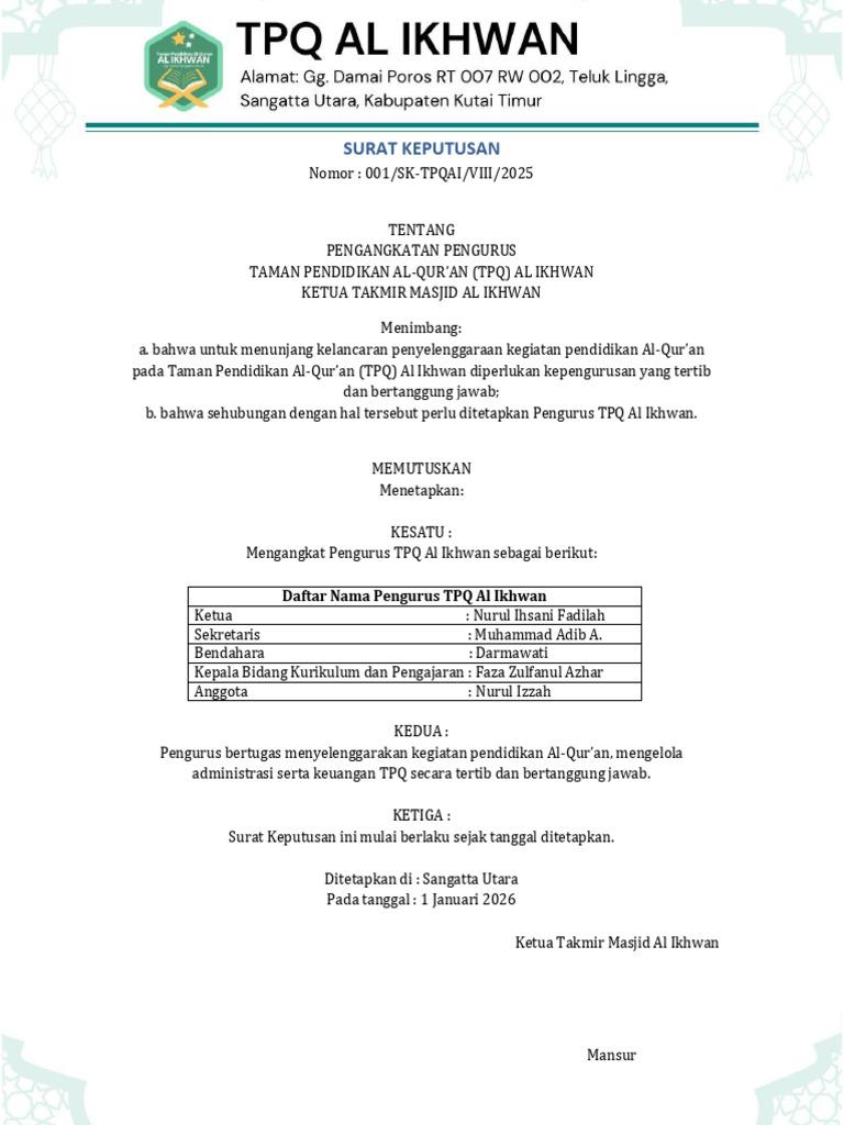 Pengangkatan Pengurus TPQ Al Ikhwan | PDF