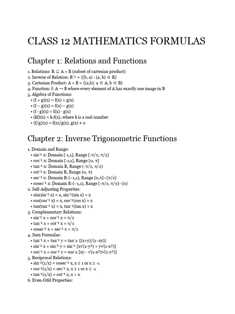 Class 12 Mathematics Formulas | PDF | Matrix (Mathematics) | Function ...