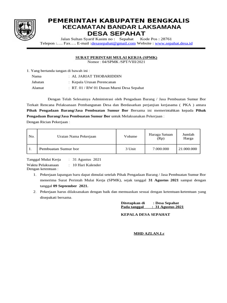 SPMK Pembuatan Sumur Bor Desa Sepahat | PDF