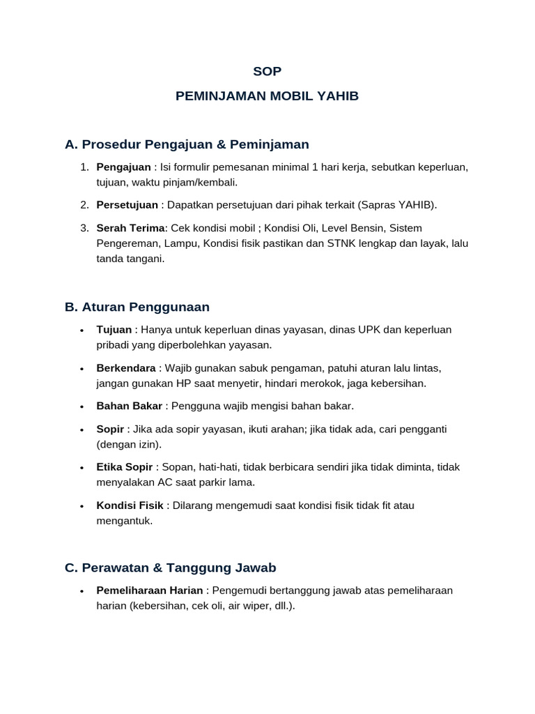 Sop Peminjaman Mobil Yahib | PDF