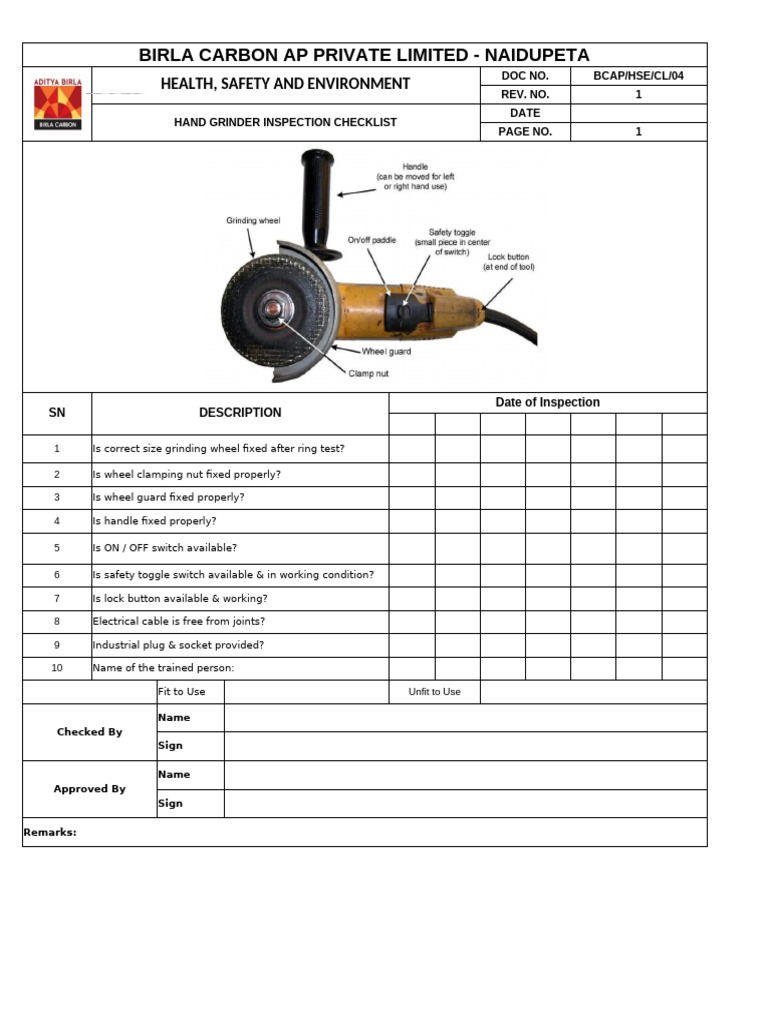 BCAP - Hand Grinder Checklist | PDF