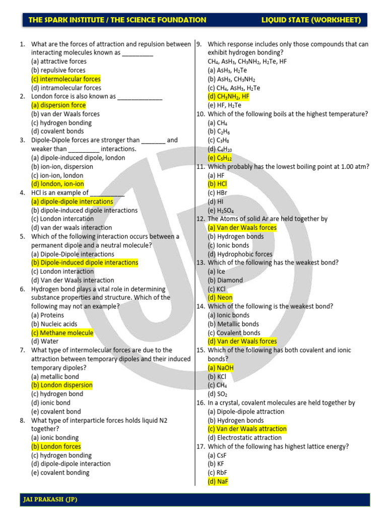 Intermolecular Forces Worksheet | PDF | Intermolecular Force | Chemical ...