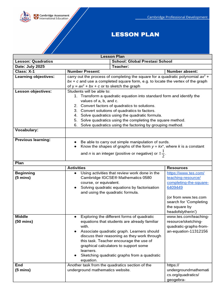 Quadratic Equations Lesson Plan | PDF | Quadratic Equation ...