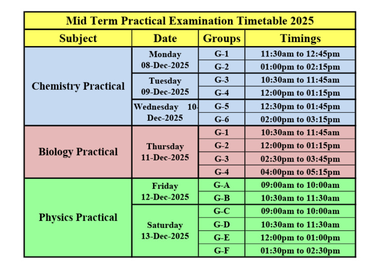 Mid Term Practical Exam Timetable 2025 | PDF