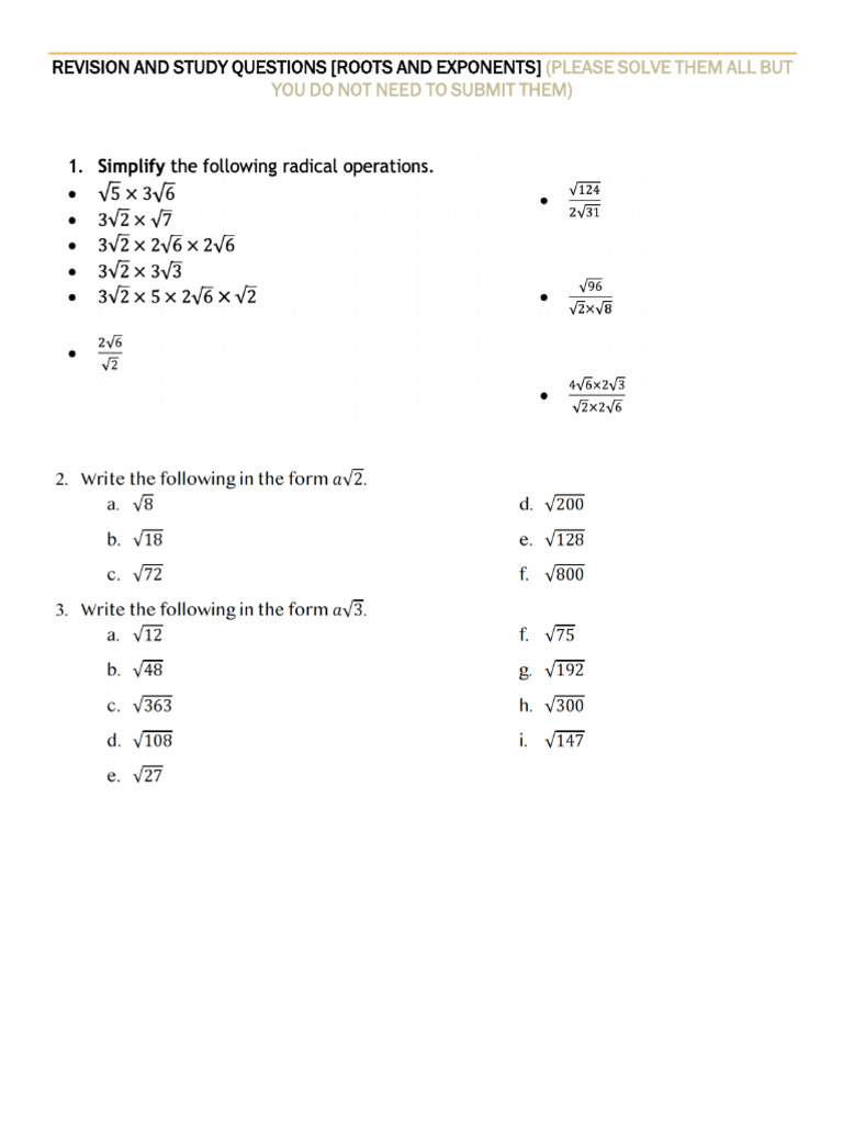 Roots and Exponents Study Questions | PDF