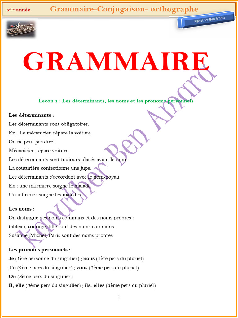 Grammaire : Déterminants et Pronoms | PDF | Verbe | Nombre grammatical