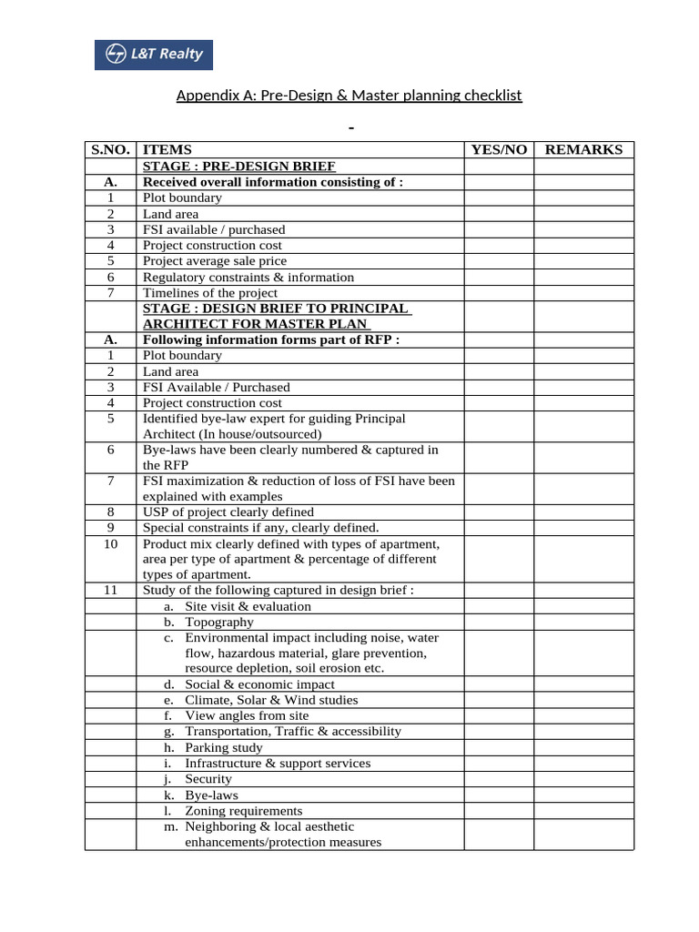 Pre-Design & Master Planning Checklist | PDF | Infrastructure | Earth ...