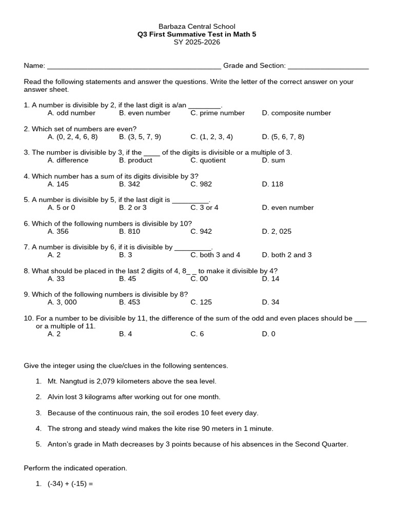 Math 5 Q3 Summative Test Guide | PDF | Arithmetic | Discrete Mathematics