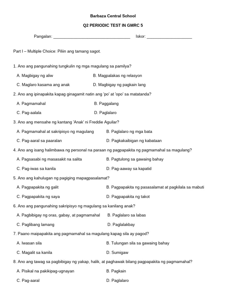 Q2 Periodic Test in GMRC 5 | PDF