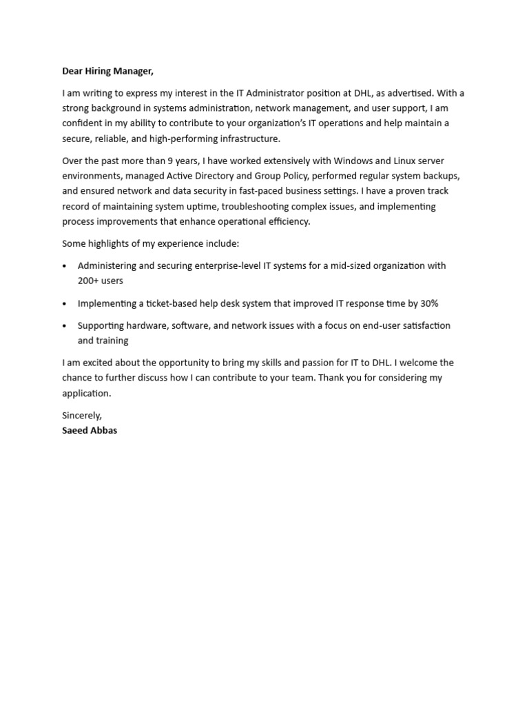 IT Administrator Application for DHL | PDF