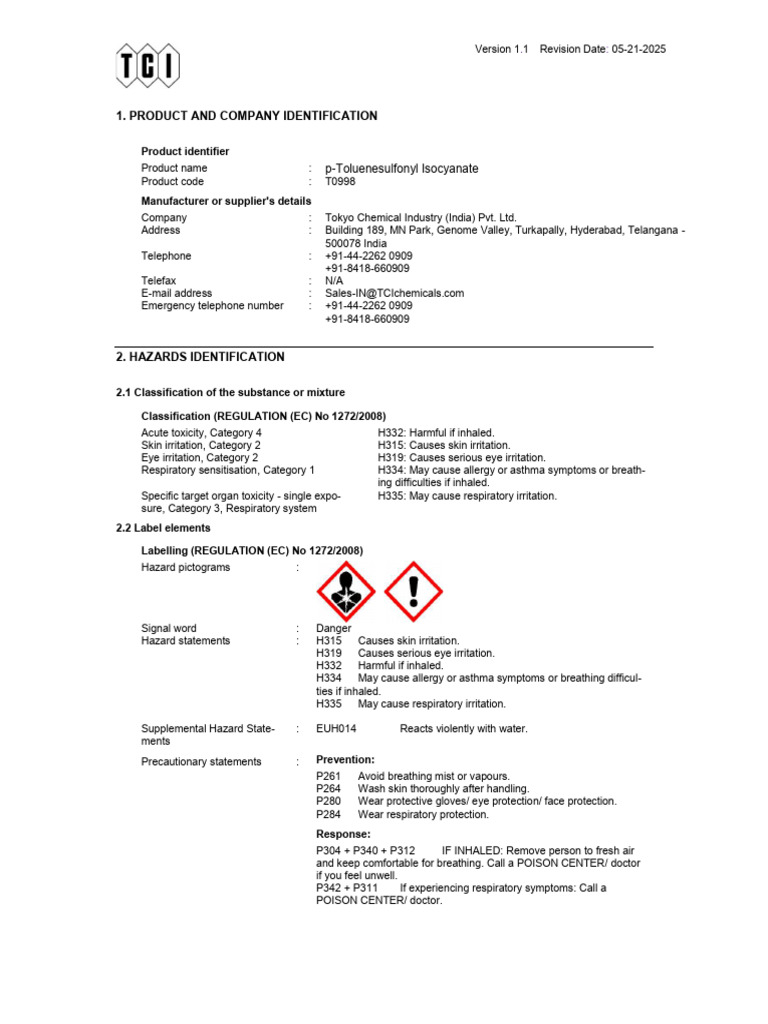 p-Toluenesulfonyl Isocyanate Safety Data | PDF | Toxicity | Dangerous Goods