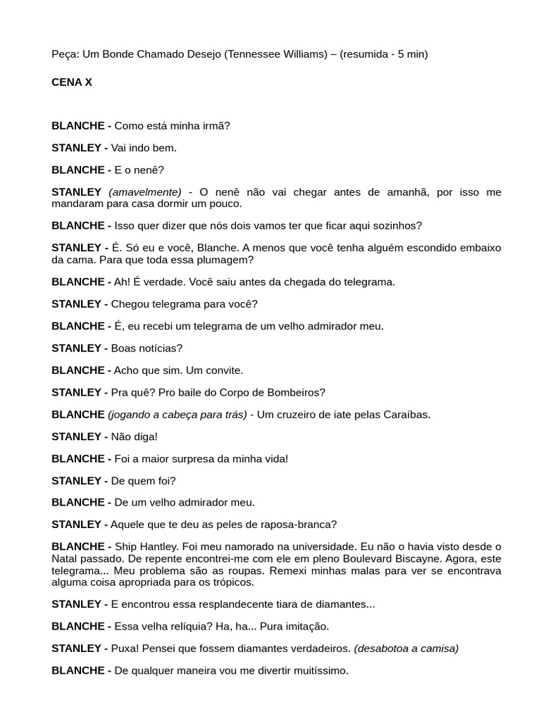 Resumo da Cena X de "Um Bonde Chamado Desejo" | PDF