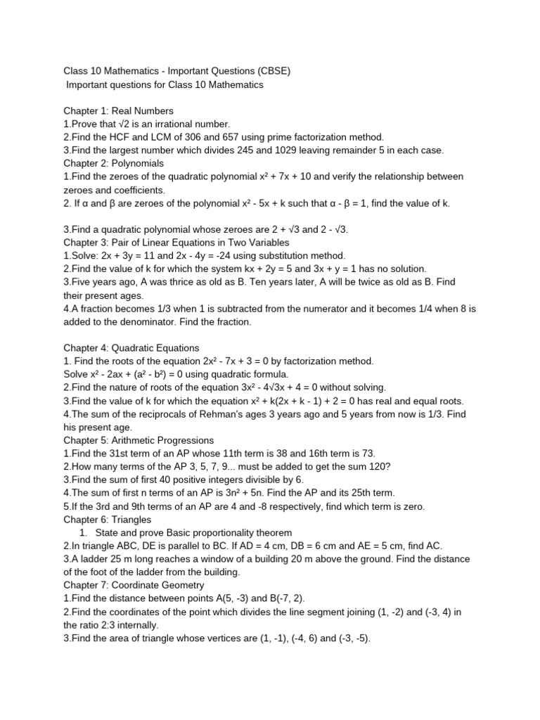 Class 10 Math Important Questions CBSE | PDF | Polynomial | Quadratic ...