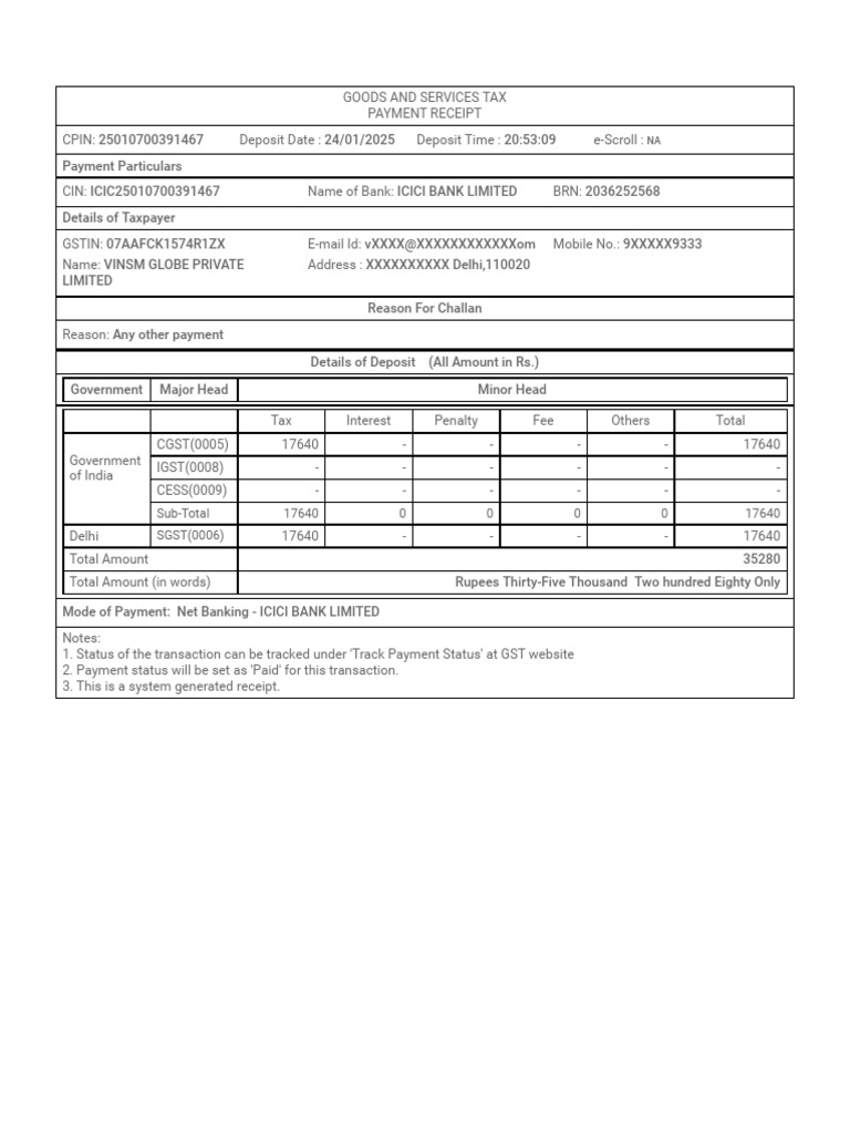 GST Payment Receipt for Vinsm Globe Pvt Ltd | PDF