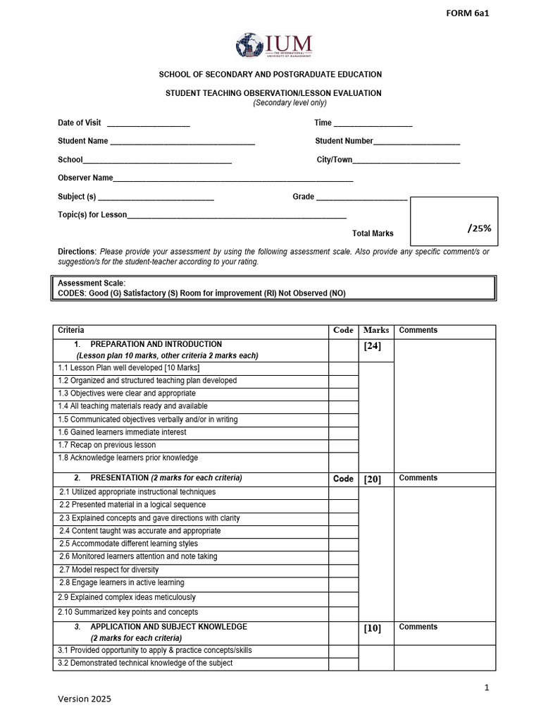 Form 6a1 Mentor's Teaching Observation and Lesson Evaluation Form | PDF ...