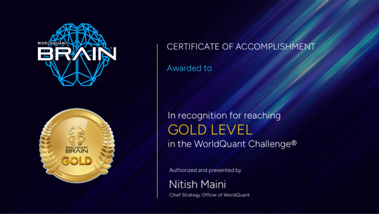 WorldQuant Challenge Gold Achievement Certificate | PDF