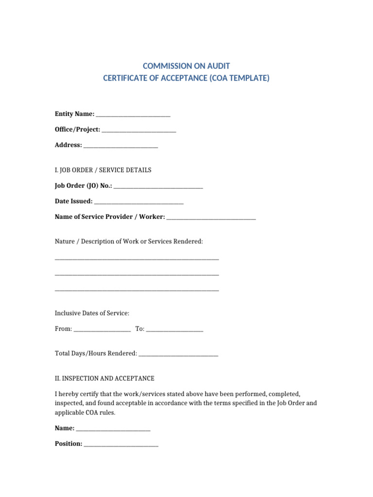 COA Certificate of Acceptance Template | PDF